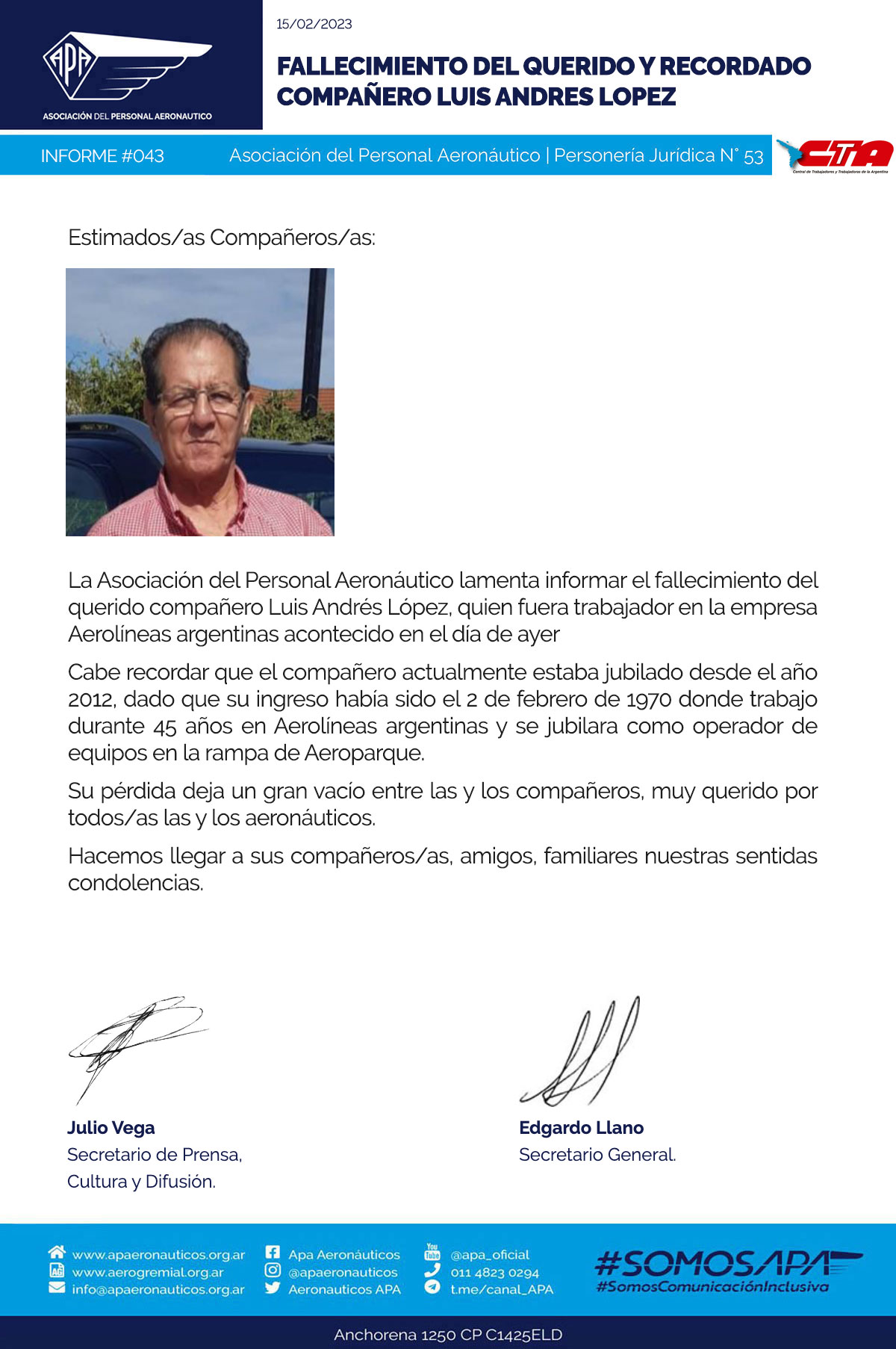 FALLECIMIENTO DEL QUERIDO Y RECORDADO COMPAÑERO LUIS ANDRES LOPEZ